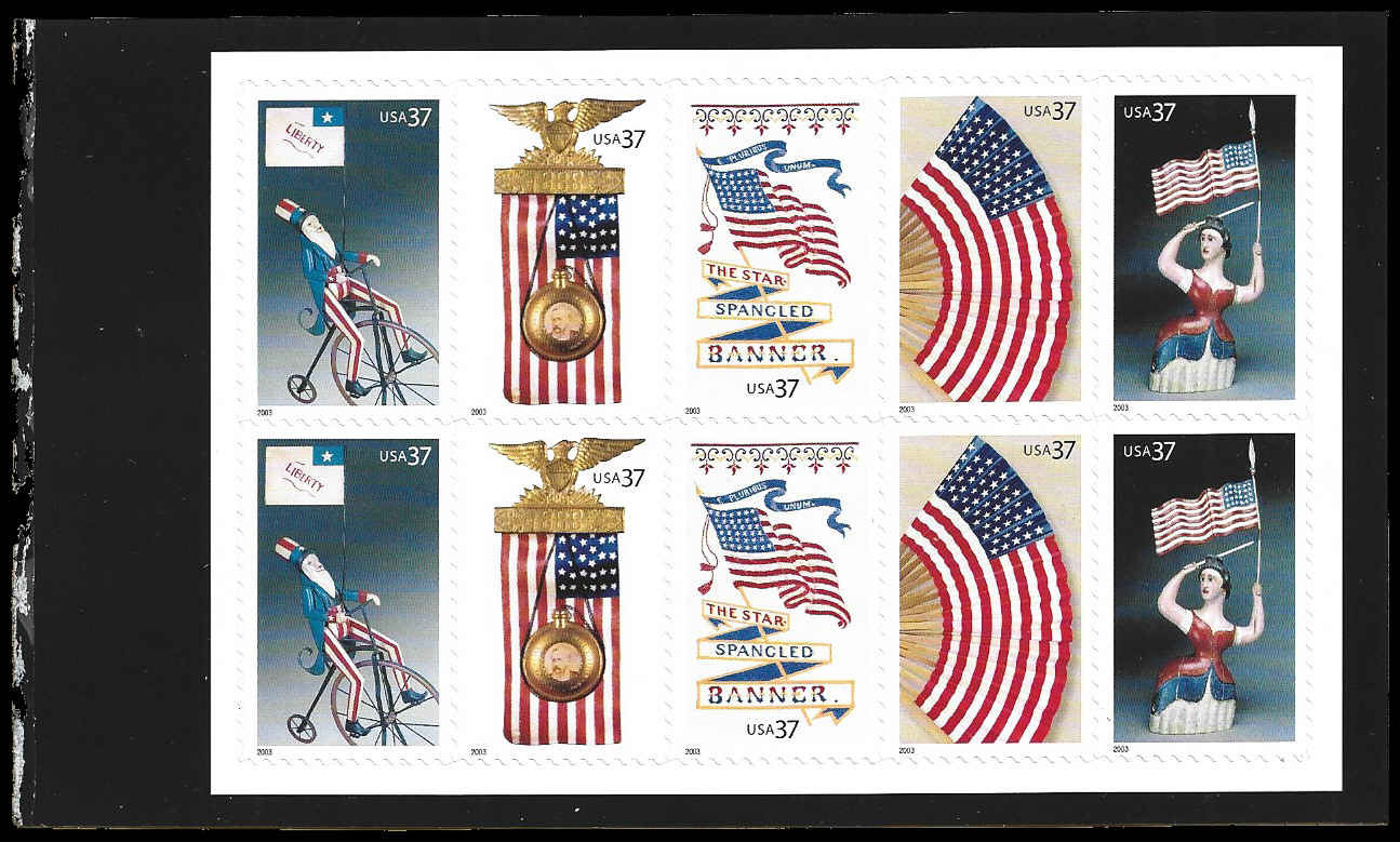 PCBstamps US #3776/3780b Bk Pane (TY2) $3.70(10x37c)Old Glory, MNH, (4 ...