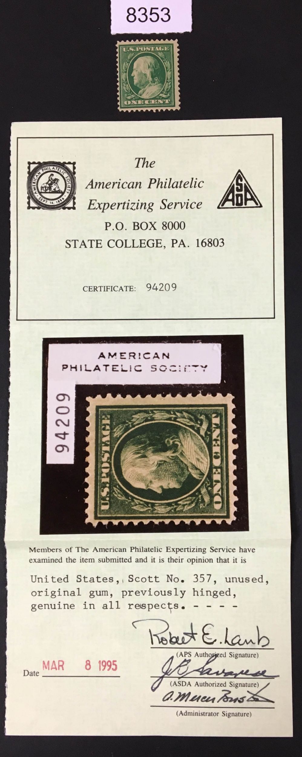 US Stamps # 357 Blue Paper Mint OG H ***Aps Cert*** LOT #8353 | United ...