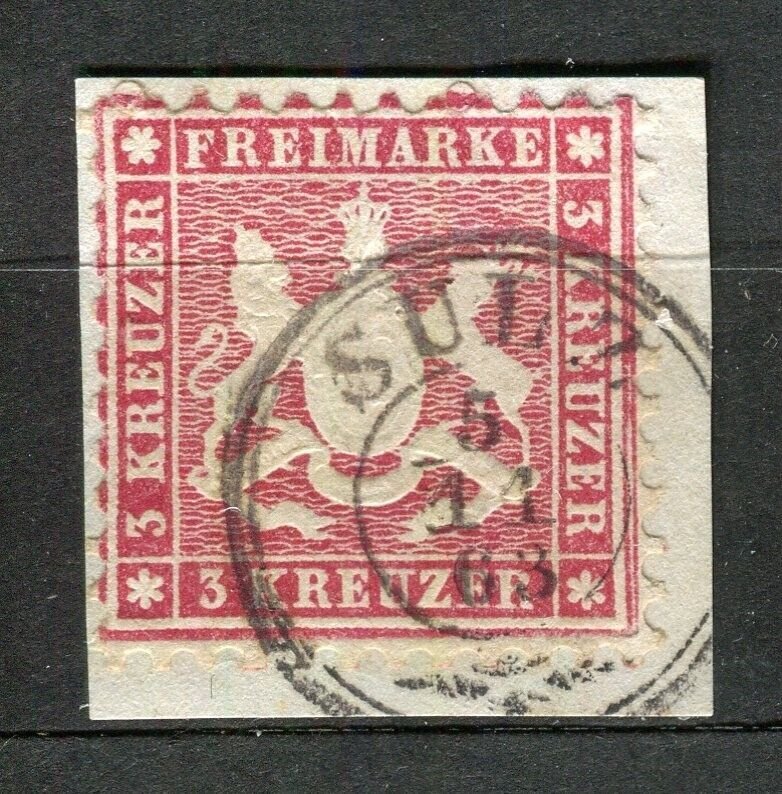 GERMANY; WURTTEMBERG 1860s early classic Perf 3k. POSTMARK PIECE ...
