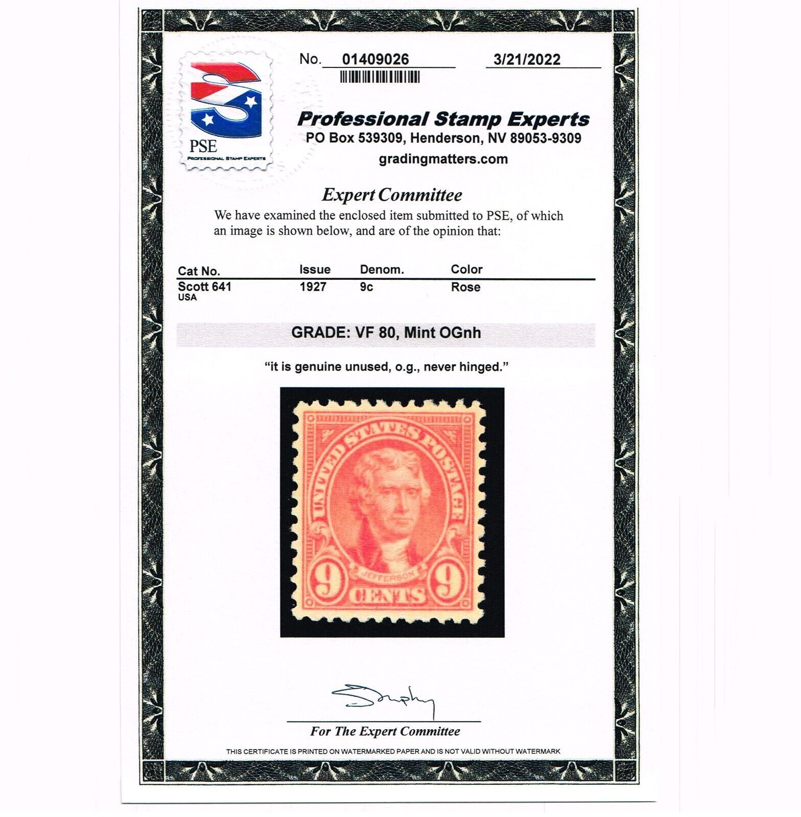 Exceptional Genuine Scott #641 Mint Pristine OG NH PSE Cert Graded Vf ...