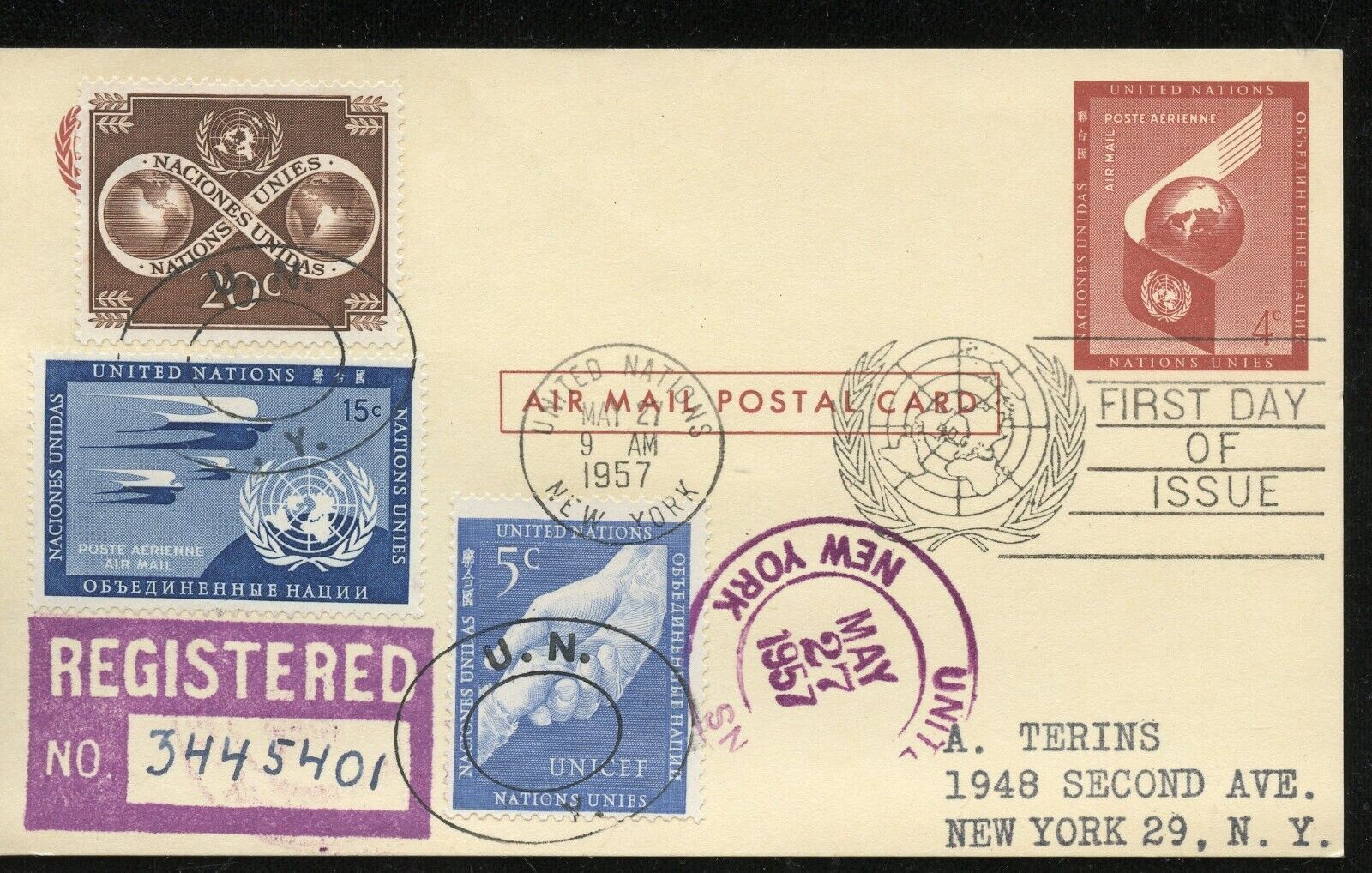 United Nations 4c Registered Post Cardand First DAY Canceled ...