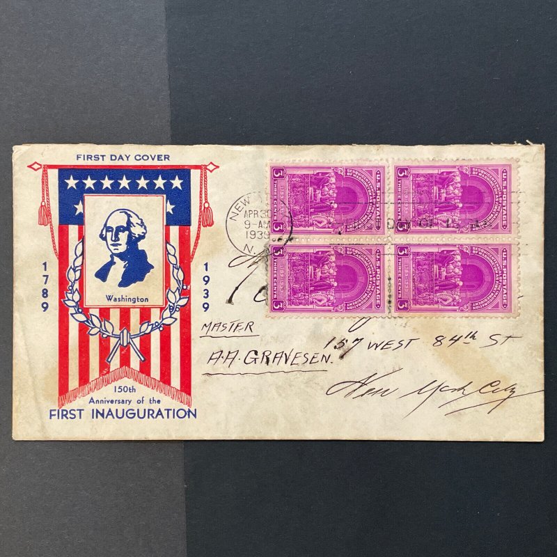 Sc# 854 US 1939 FDC Washington Inauguration Anniv. Block of 4 w ...