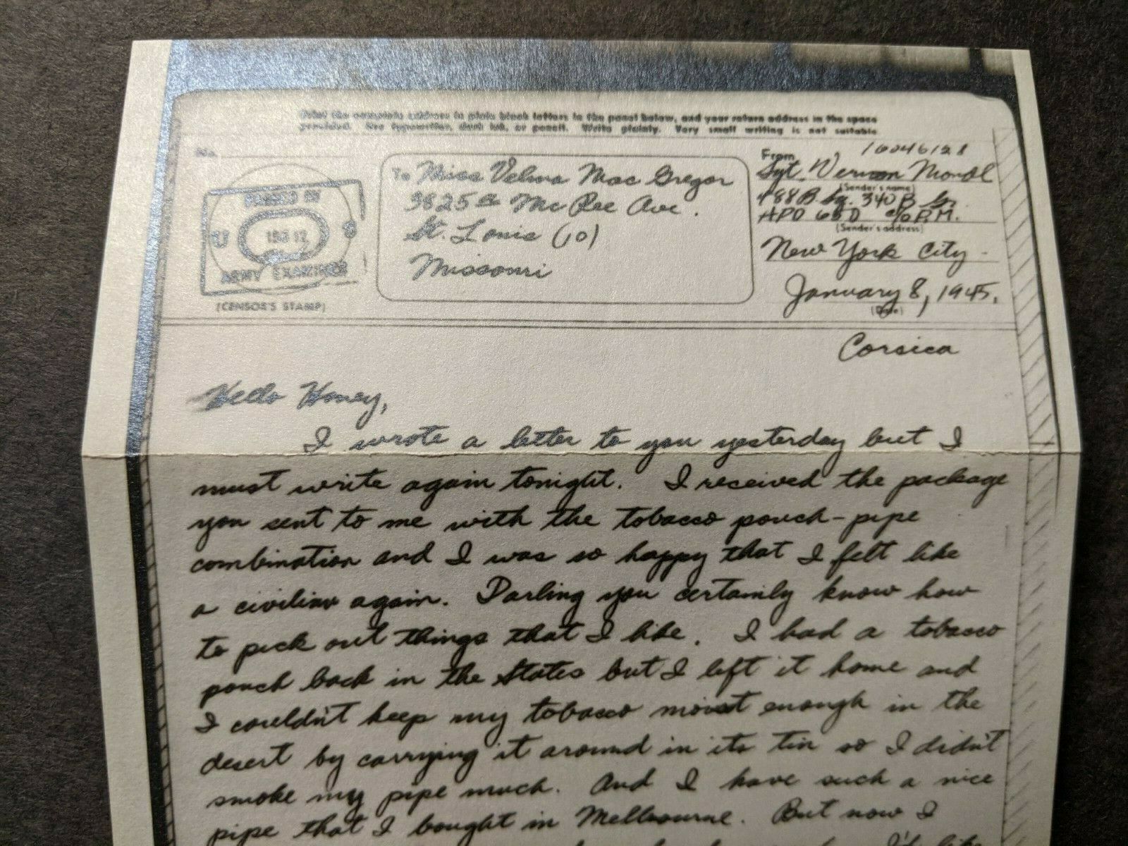 APO 650 CORSICA 1945 Censored WWII Army Cover 340th BOMB Group V-MAIL ...