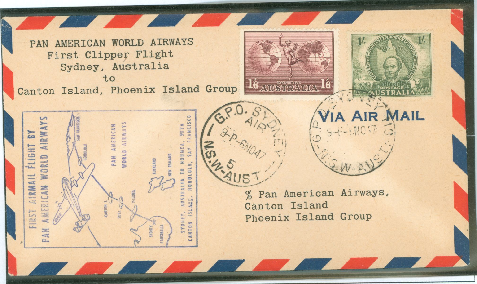 Australia C5/205 First Flight Sydney 11.6.47 to Canton, Back Cancel 11. ...