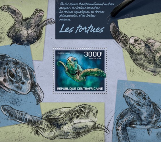 CENTRAFRICAINE 2014 SHEET TURTLES MARINE LIFE REPTILES / HipStamp