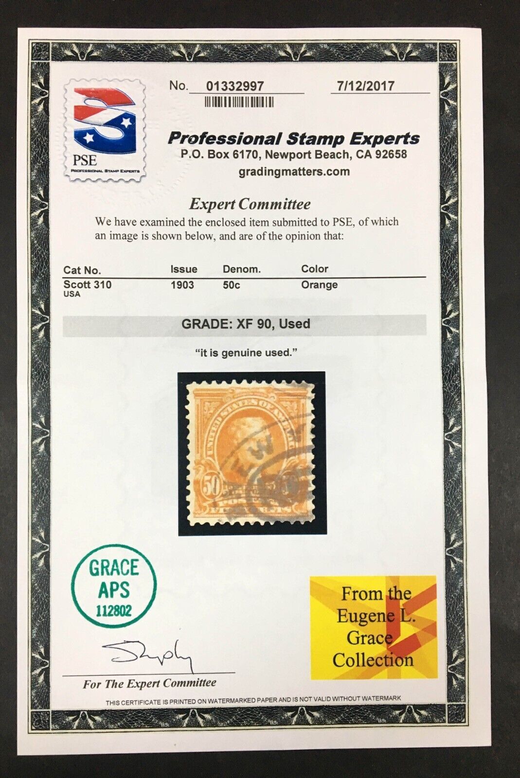 US Stamps #310 Used PSE Graded Cert Xf-90 LOT #89039 | United States ...