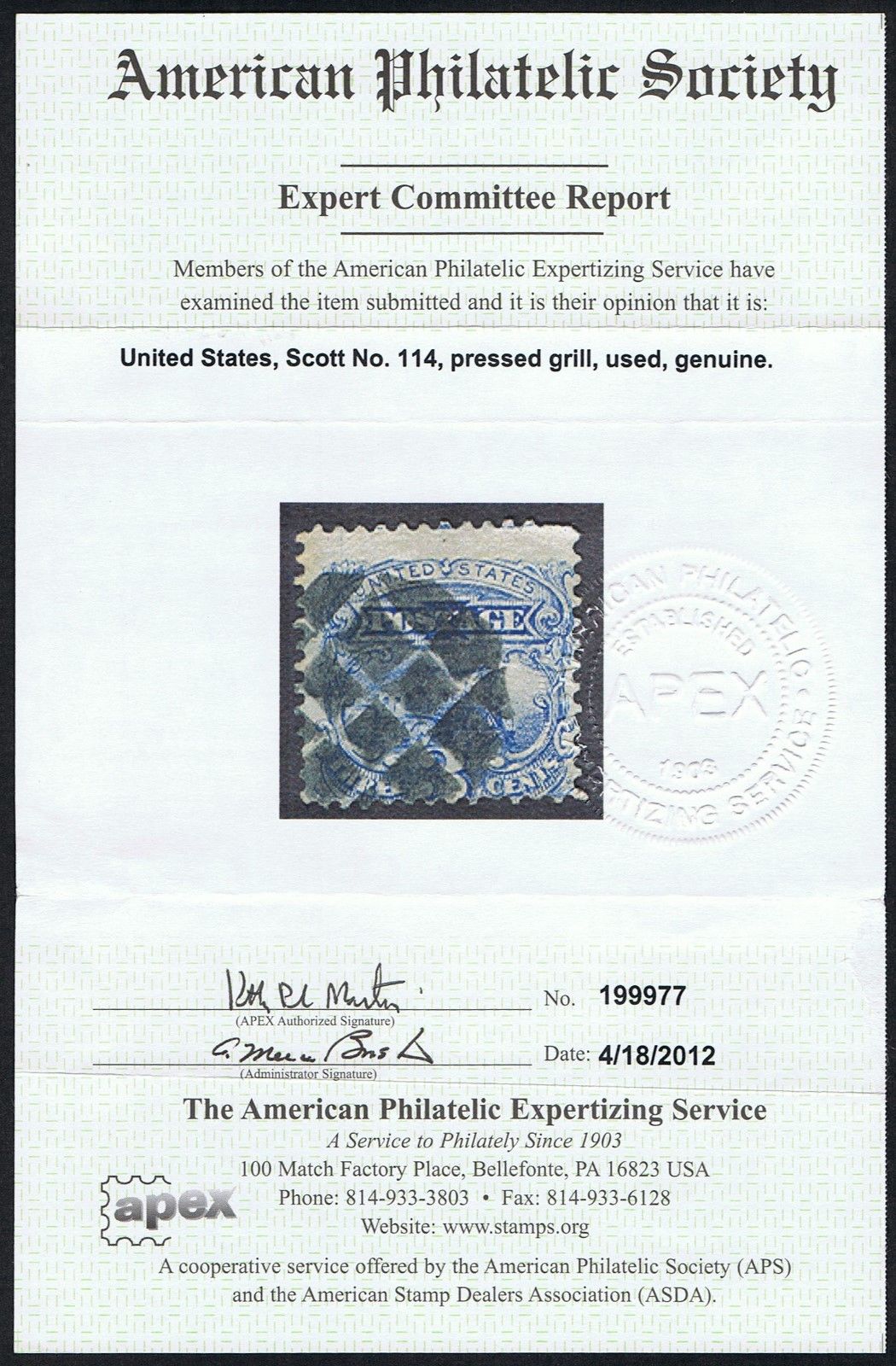 GENUINE SCOTT #114 USED APPEARS AS #114a WITHOUT G-GRILL -APS CERT VSC ...
