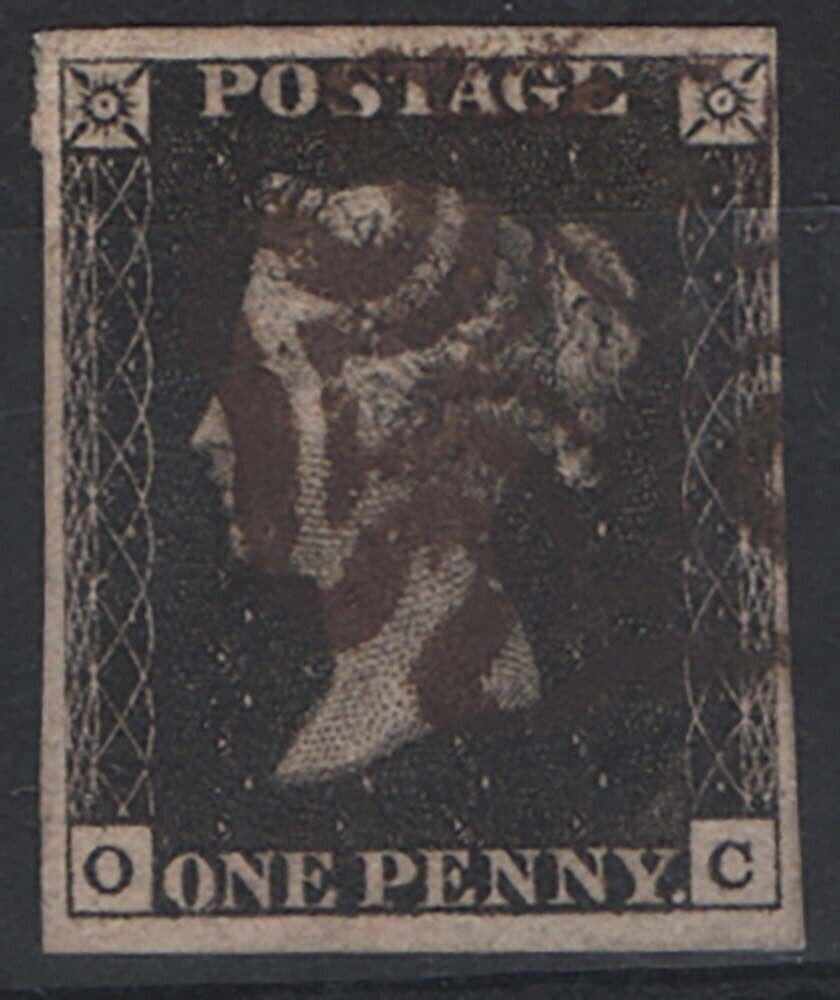 GB 1840 1d black plate 8 OC fine used, clearly brown MX, 4 mainly large ...