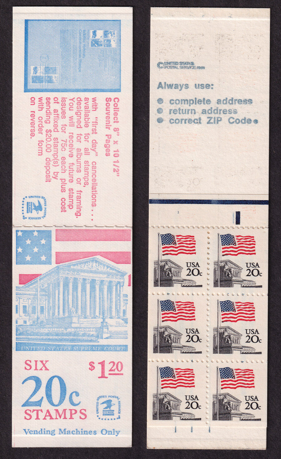 1981 FLAG over Supreme Court Sc BK139 BOOKLET (1 pane Sc 1896a) plate ...