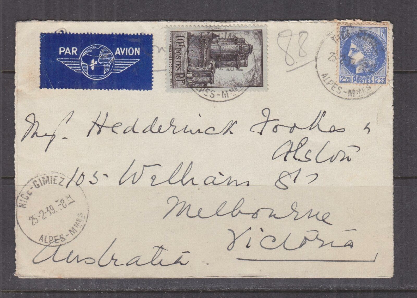 FRANCE, 1939 Airmail cover to Australia, 2f.(2), 2f.25 & 10f., 16f.25 ...