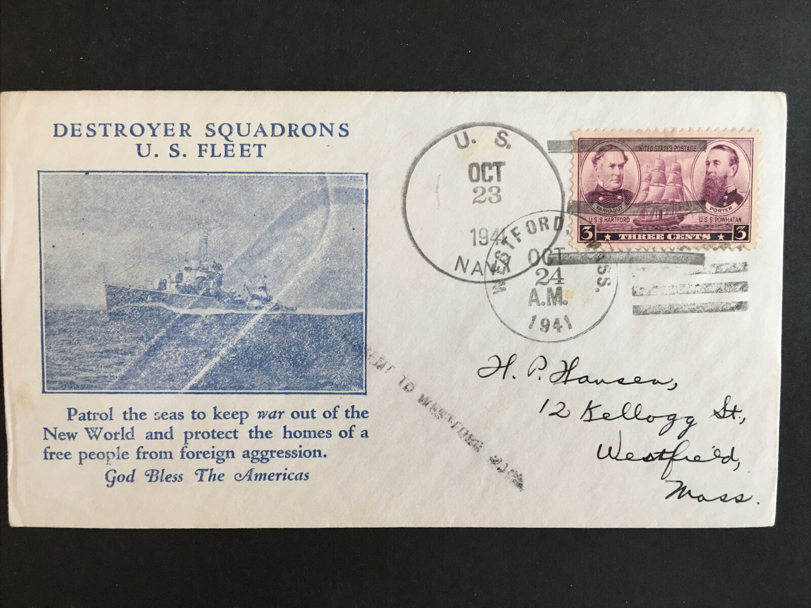1941 Used Patriotic Envelope honoring US Navy Destroyer Squadrons ...