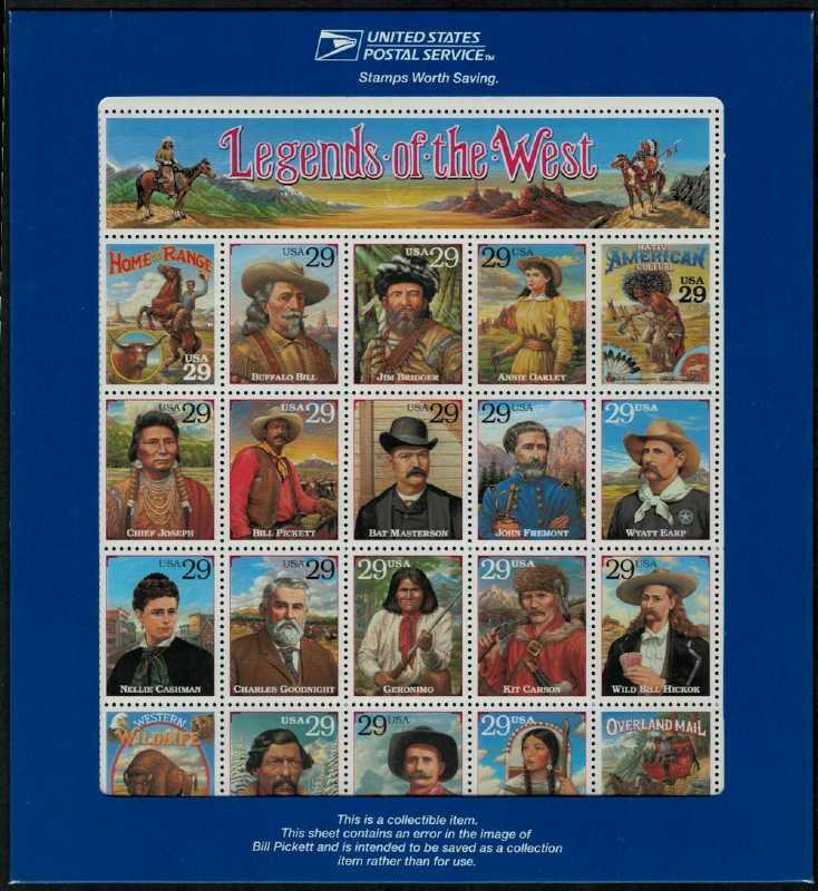 US Stamp 1994 Recalled Legends of the West Stamp Sheet In Original ...