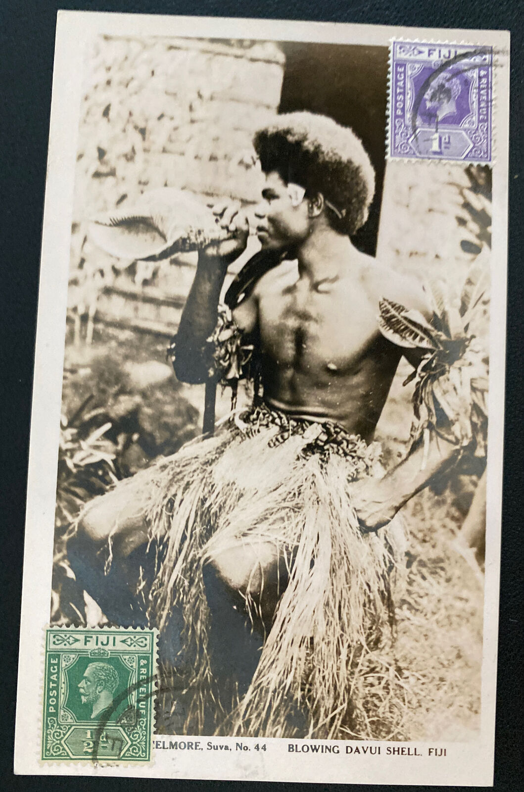 1920s Suva Fiji Real Picture Postcard cover Blowing Davui Shell ...