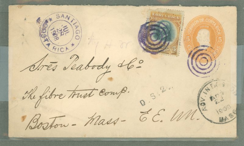 Costa Rica 1908 5c orange + 5c stamp; from Santiago, Limon transit ...