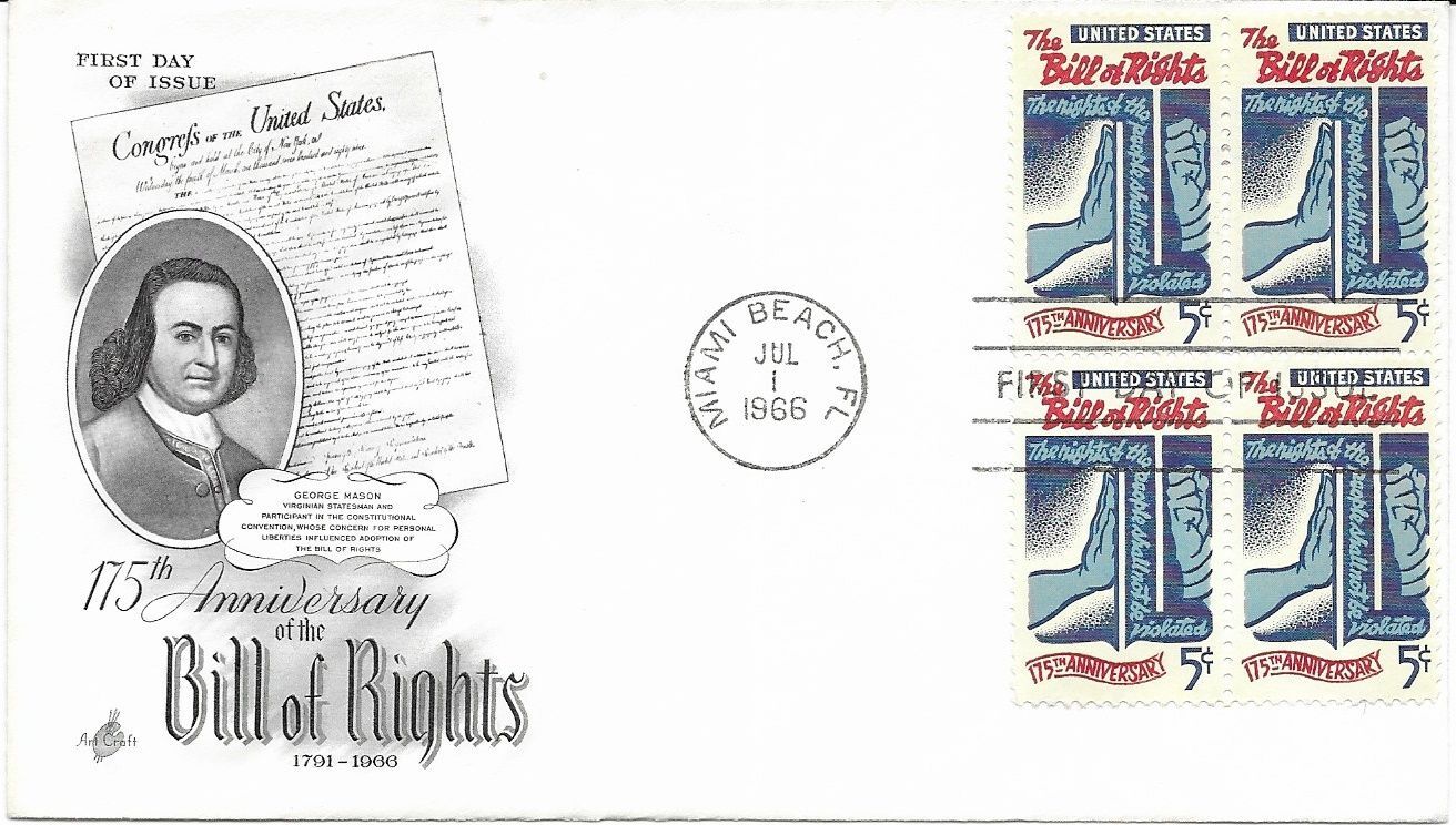 1966 FDC, #1312, 5c Bill of Rights, Art Craft, block of 4 | United ...