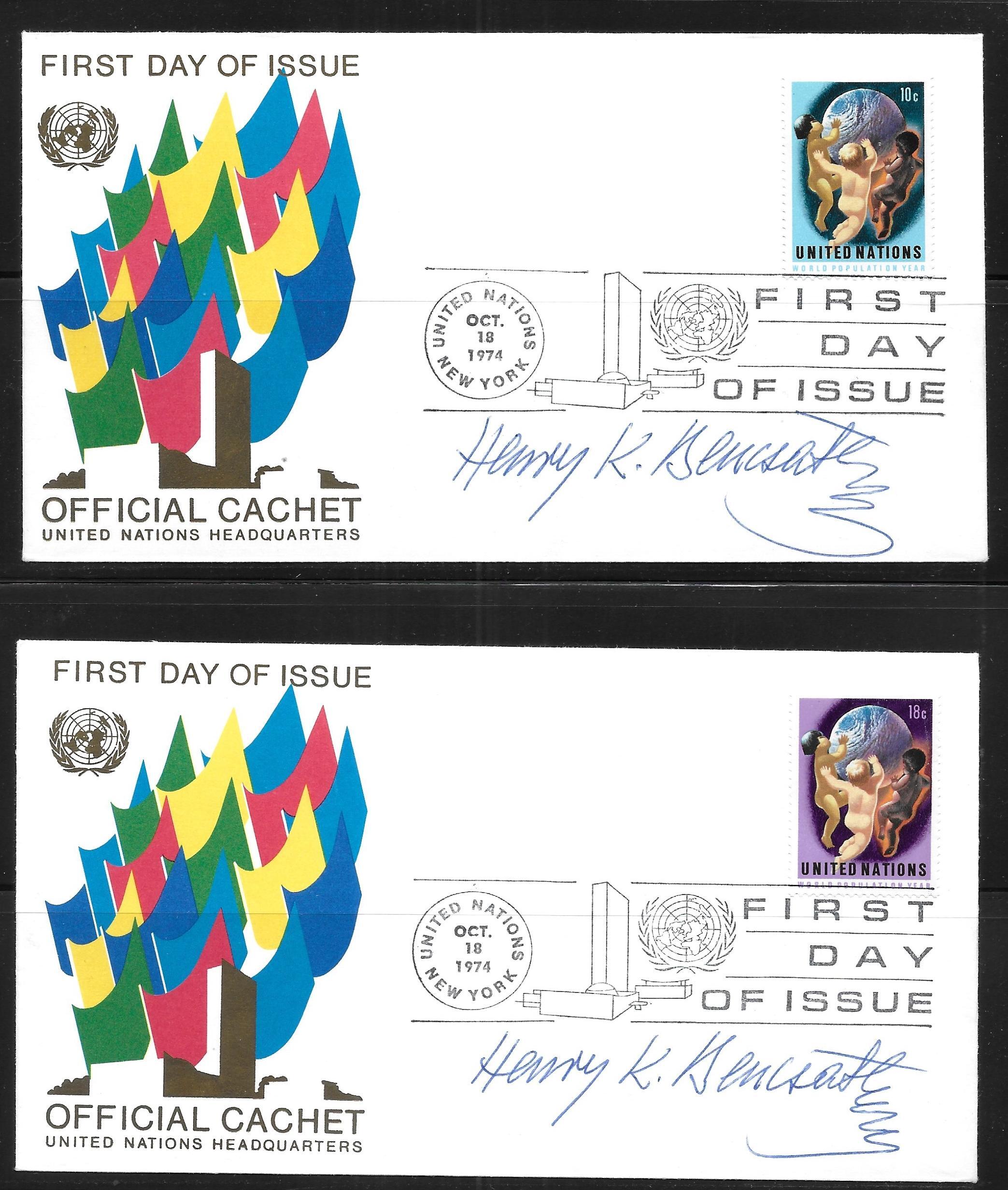 United Nations NY 252-53 Pop. Year Headquarters Cachet FDC Signed by ...