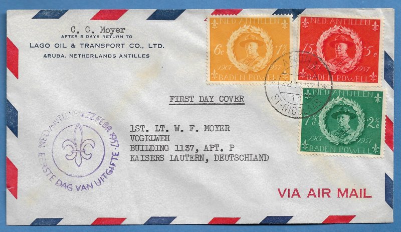NETHERLANDS ANTILLES 1957 BOY SCOUT Semi Postal Set LAGO OIL CC FDC Sc ...