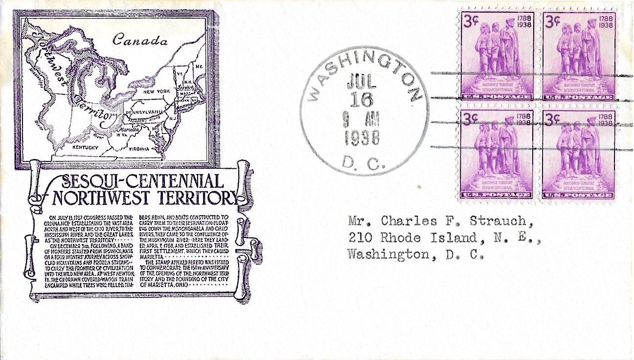 1938 FDC, #837, 3c Northwest Territory, Anderson, block of 4 - 2nd day ...