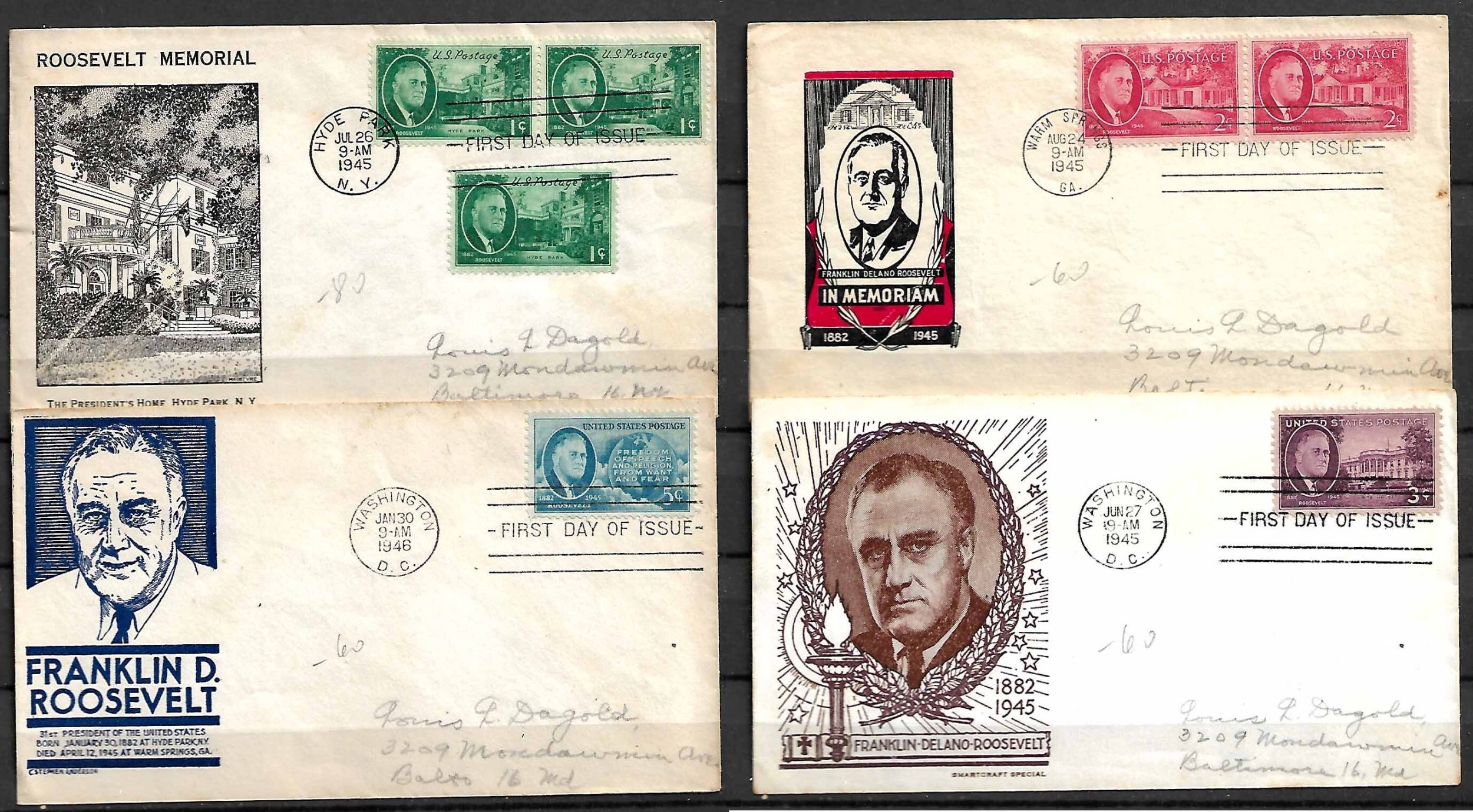 USA Stamps. 4 FD Covers F.D. Roosevelt in Memoriam. 1945 | United ...