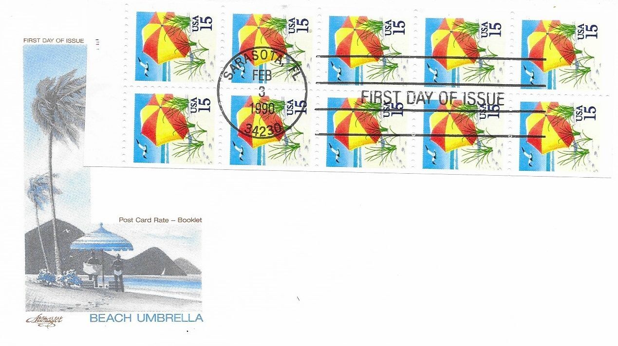 1990 FDC, #2443a, 15c Beach Umbrella, Artmaster, booklet pane | United ...