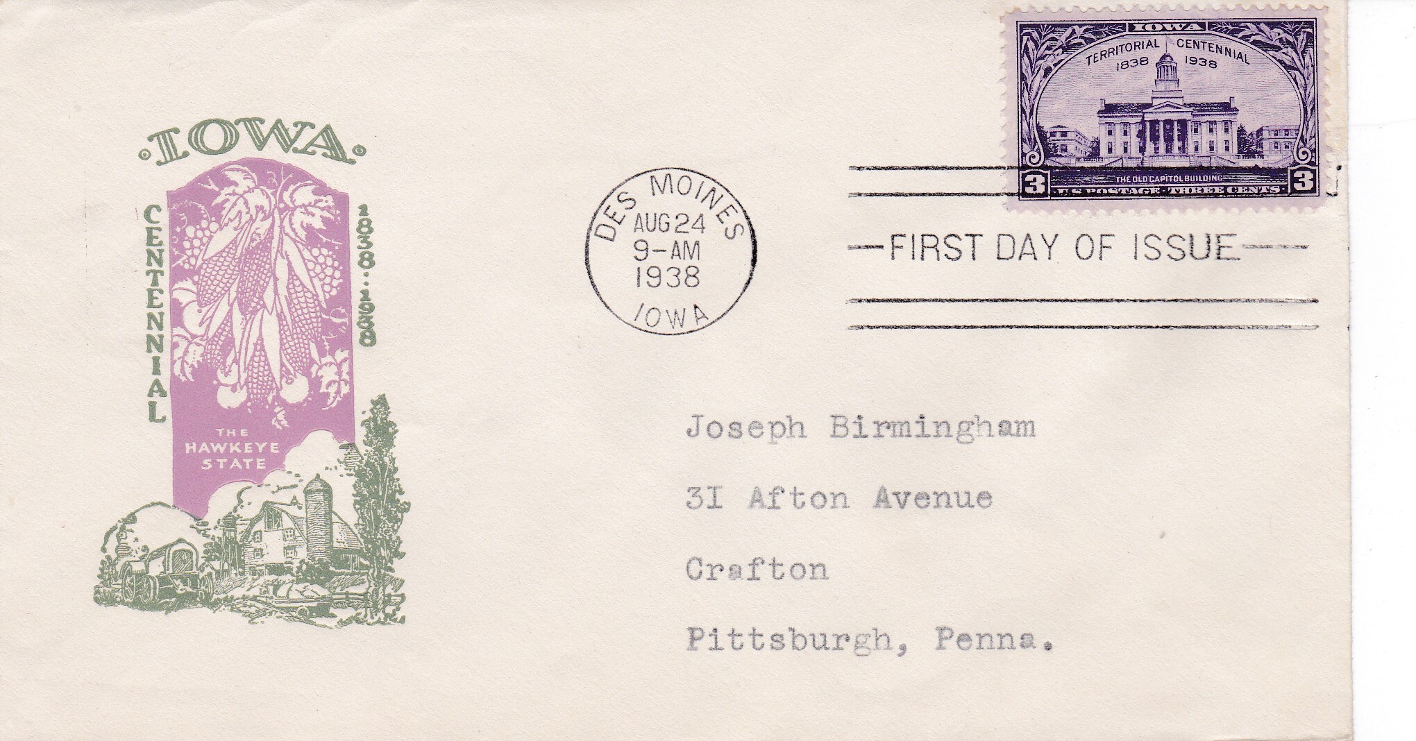 1938 FDC, #838, 3c Iowa Territory Centennial, Ioor | United States ...