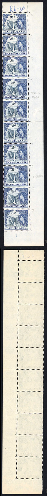 Basutoland Sg73 3 1/2c With Broken Perf Pins at top right U/M Strip of ...