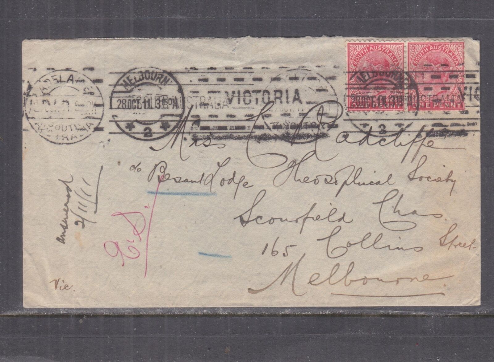 SOUTH AUSTRALIA, 1911 cover to Besant Lodge, Melbourne, 1d.(2 ...