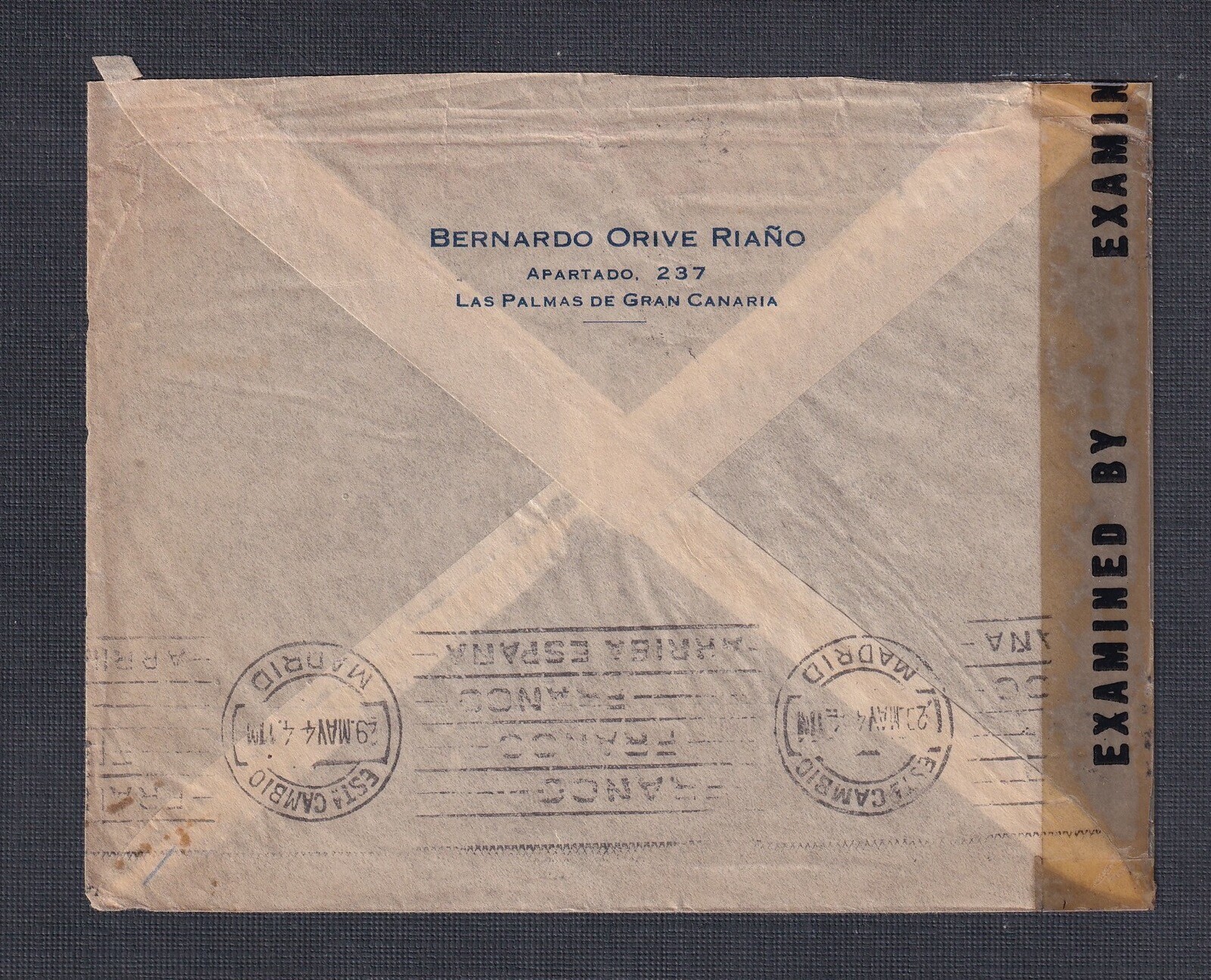 Spain 1944 WW2 Twice Censored Cover LAS Palmas to New Orleans Louisiana ...