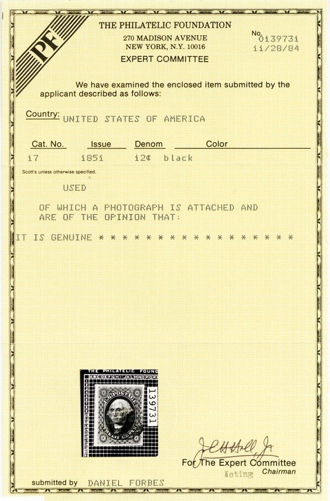 17, Used Superb 12¢ With PFC Certificate * Stuart Katz | United States ...