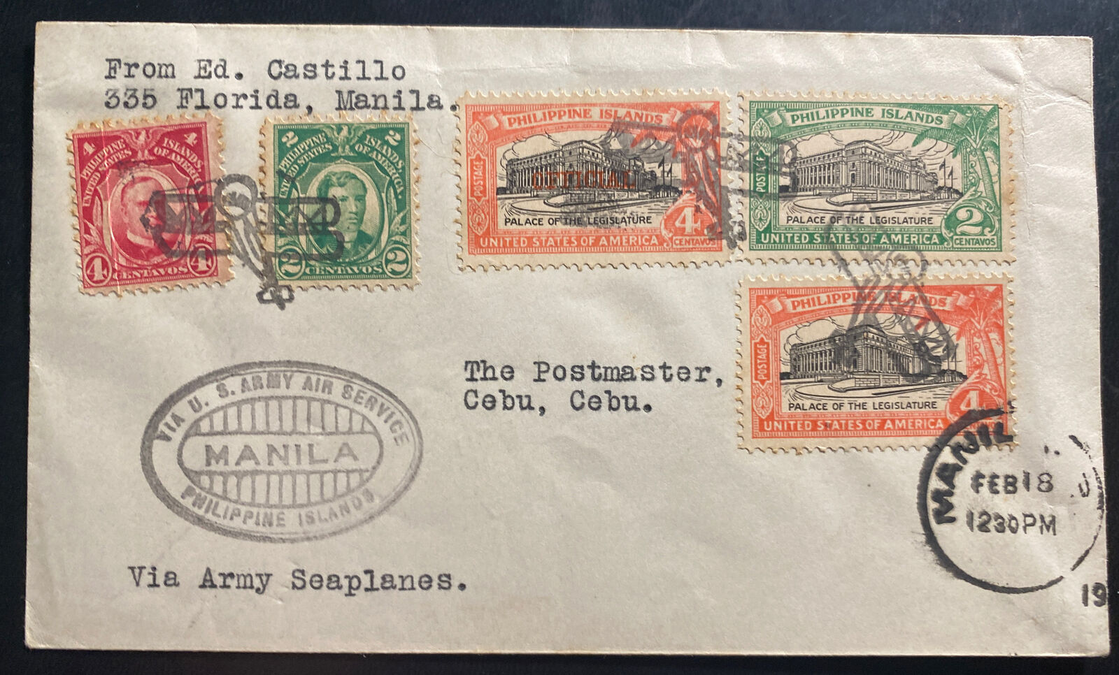 1928 Manila Philippines Special Flight Airmail To Cebu Army Sea Planes ...