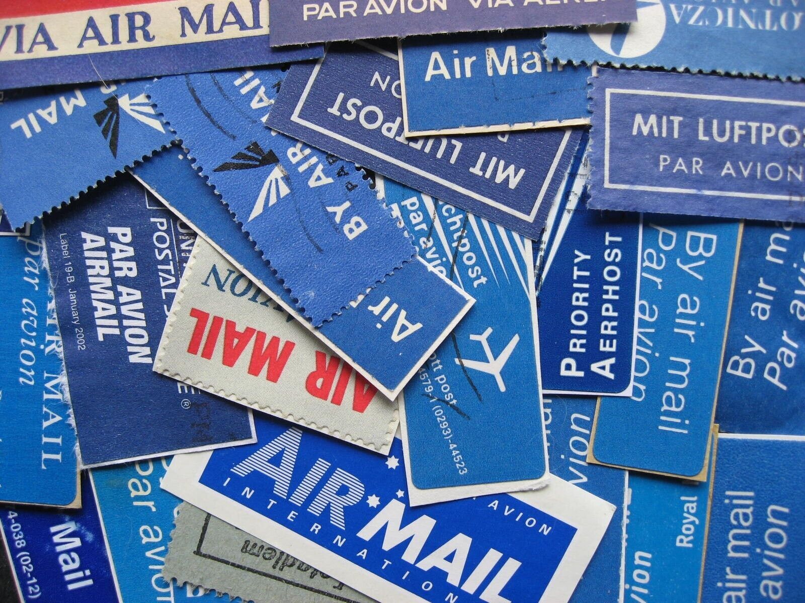 Airmail labels 27 different, types, styles, fonts, see pictures ...