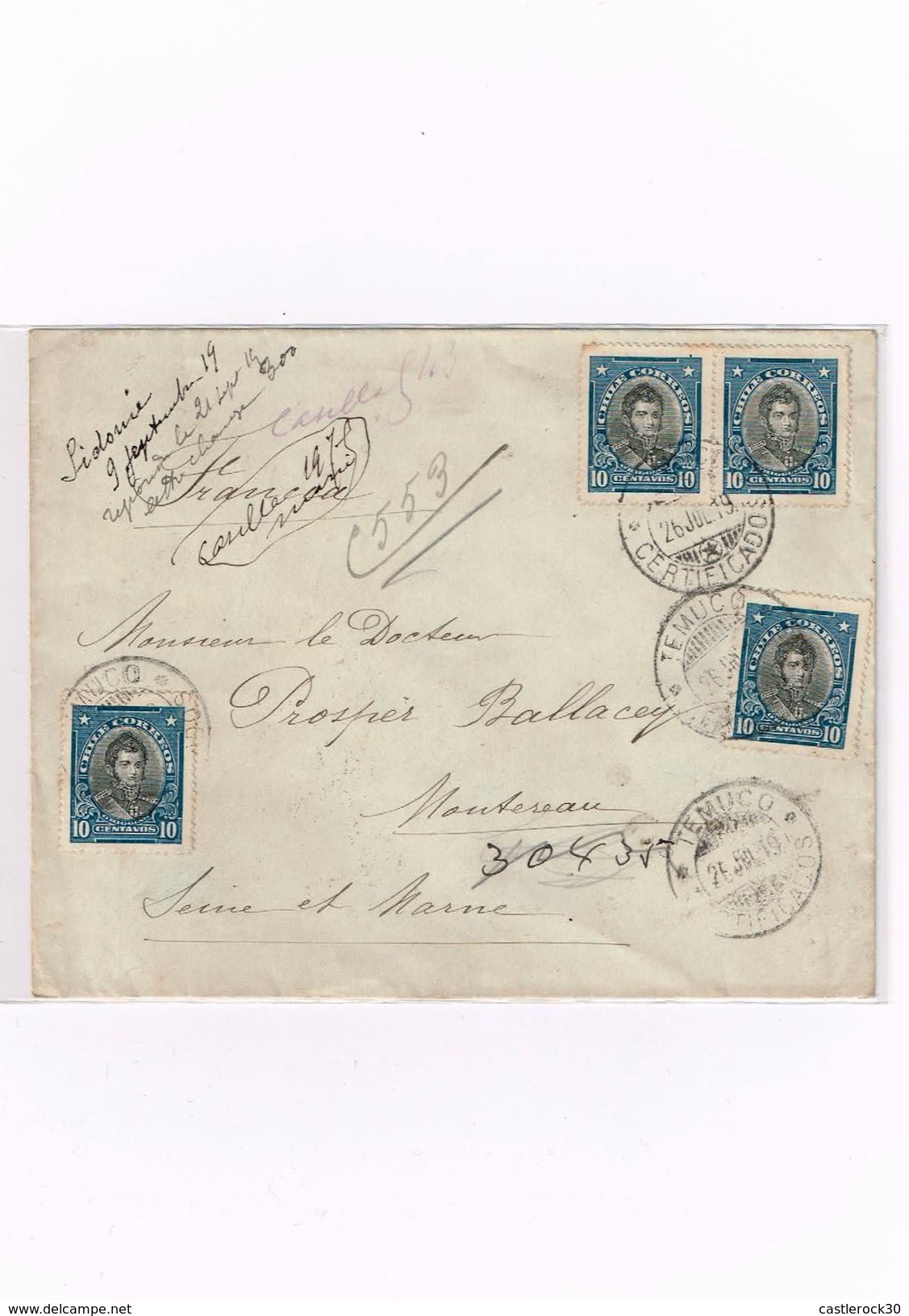 R) 1919 Chile, Temuco Valdivia Local Mail Certified Letter , With ...