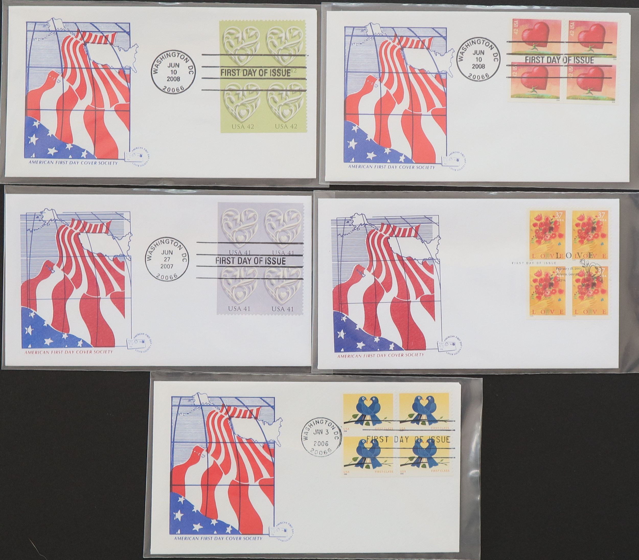 U.S. Used #3898/#4271 37c/42c 2005 - 2008 Love Stamp Blocks 5 FIrst Day ...