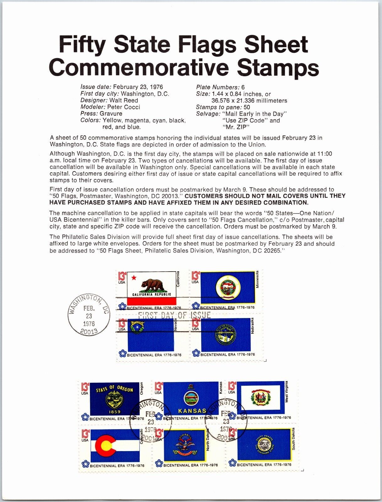 Usps Souvenir Page Fifty State Flags Sheet Commemorative Stamps 1976 B ...