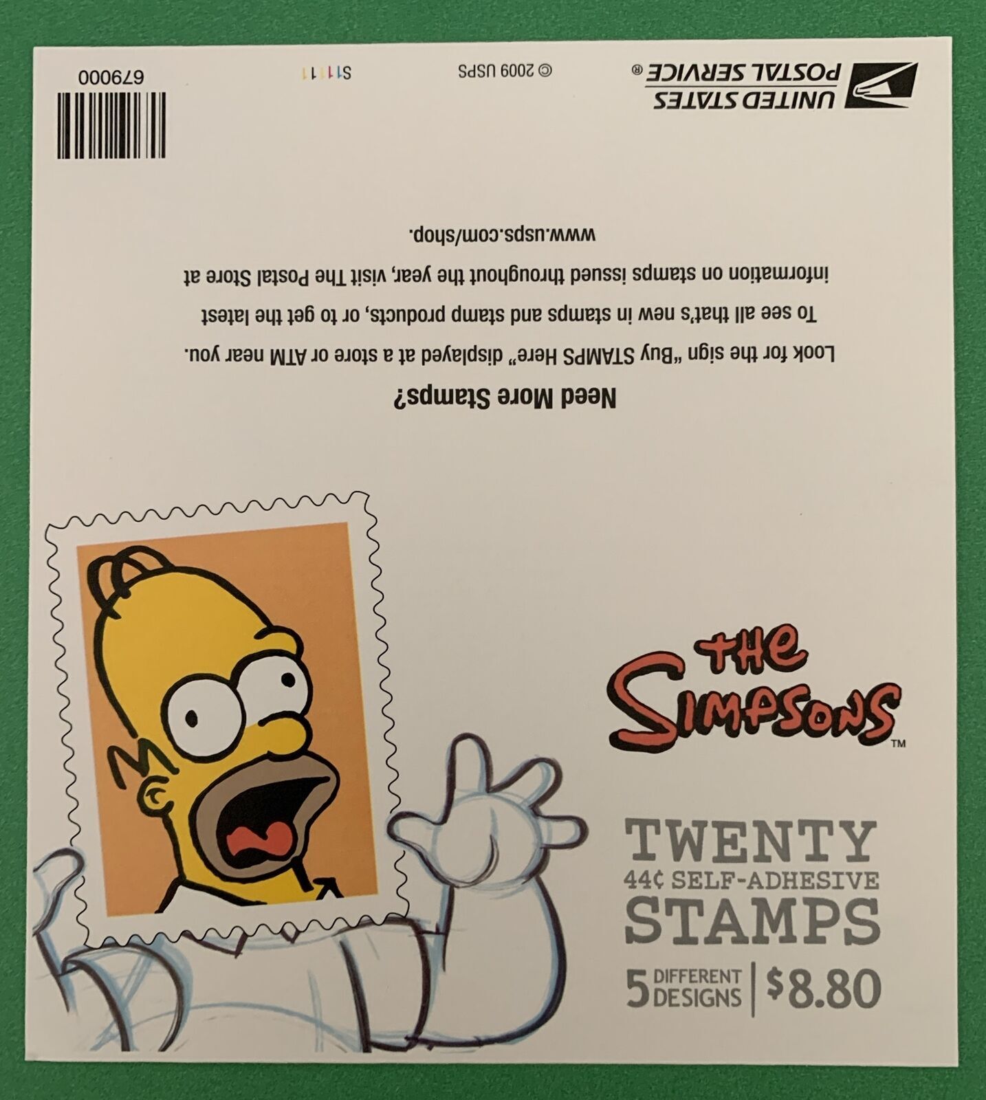 Scott 4399-4403 THE SIMPSONS (Homer) Pane of 20 US 44¢ Stamps MNH 2009 ...