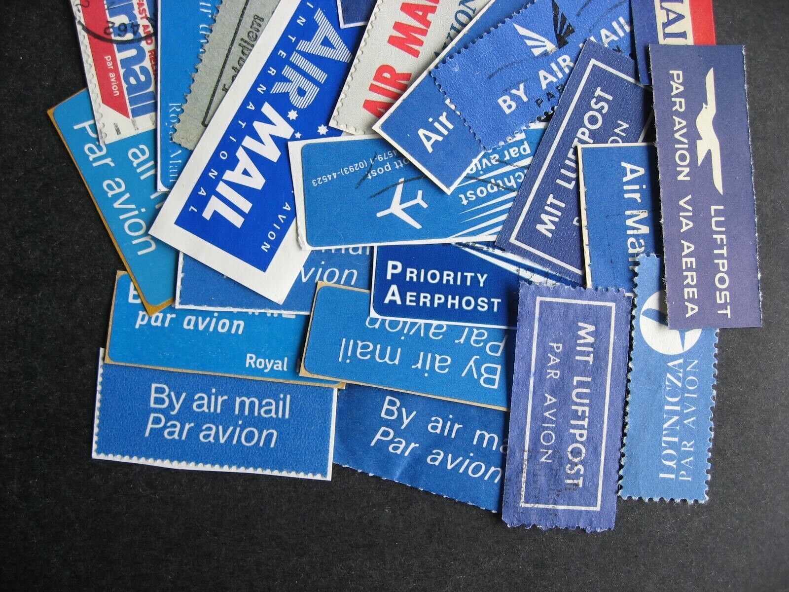 Airmail labels 27 different, types, styles, fonts, see pictures ...