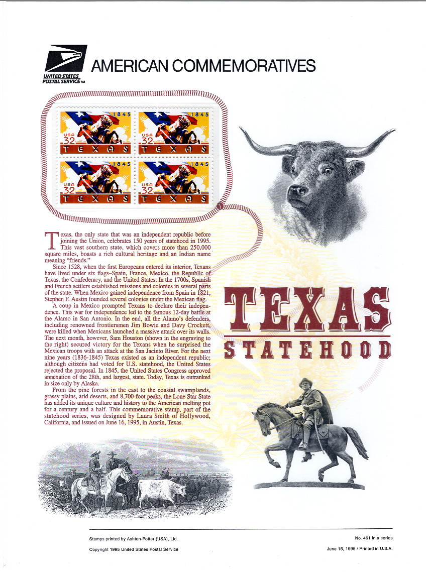US CP464 Texas Statehood 2968 Commemorative Panel Mint | United States ...