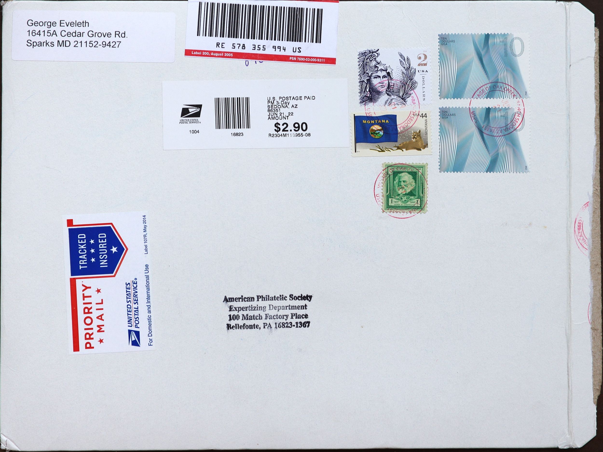 U.S. Used Stamp Scott #4720 $10 Wave (x2) on Priority Mail Registered ...