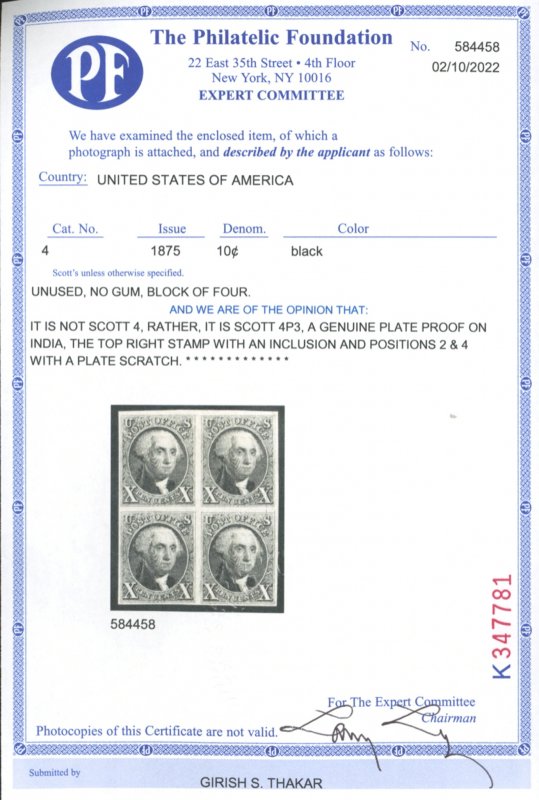 U.S. #4P3 Plate Proof Block of 4 With PF Cert | United States, Back of ...