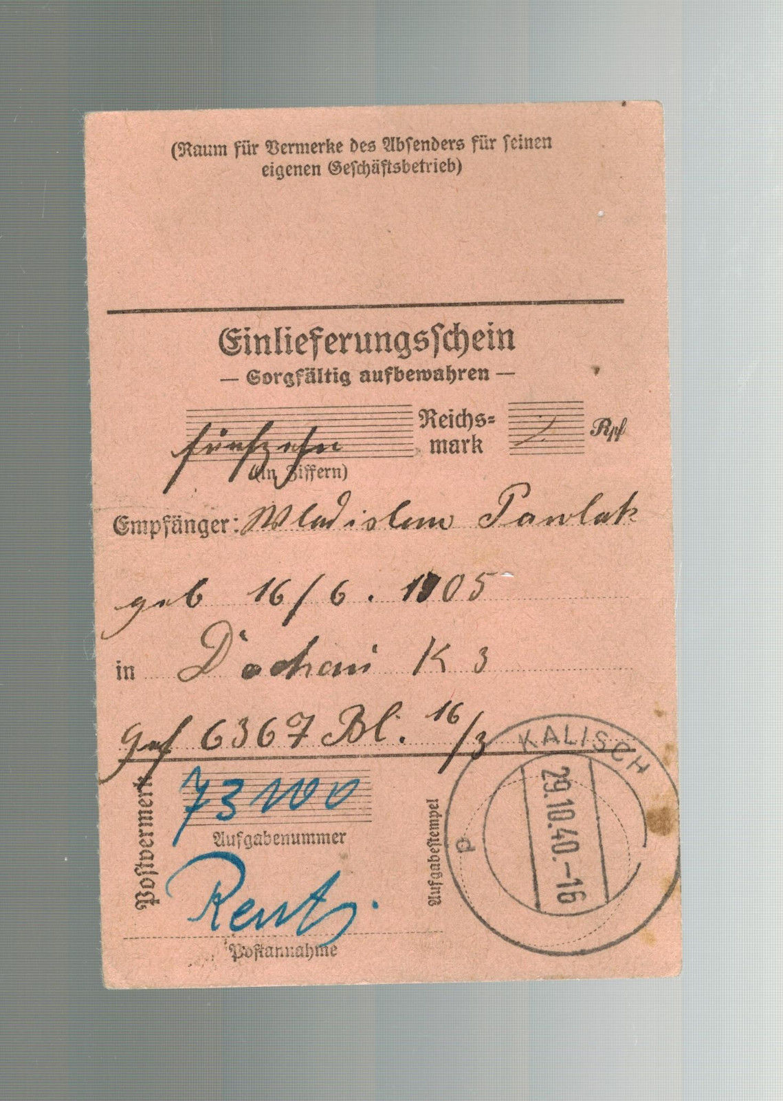 1941 Kalisch Poland to Germany Dachau KZ Concentration Camp money order ...