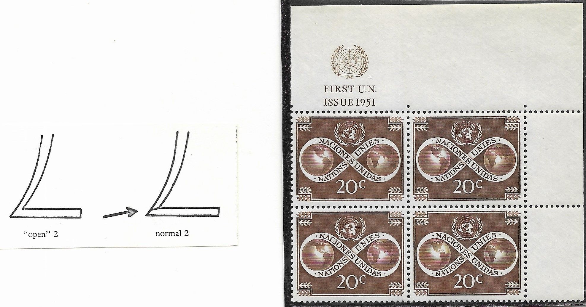 UN-NY # 8 First Printing (1951) M.I. Block/4- L.R. "OPEN 2" variety (1 ...