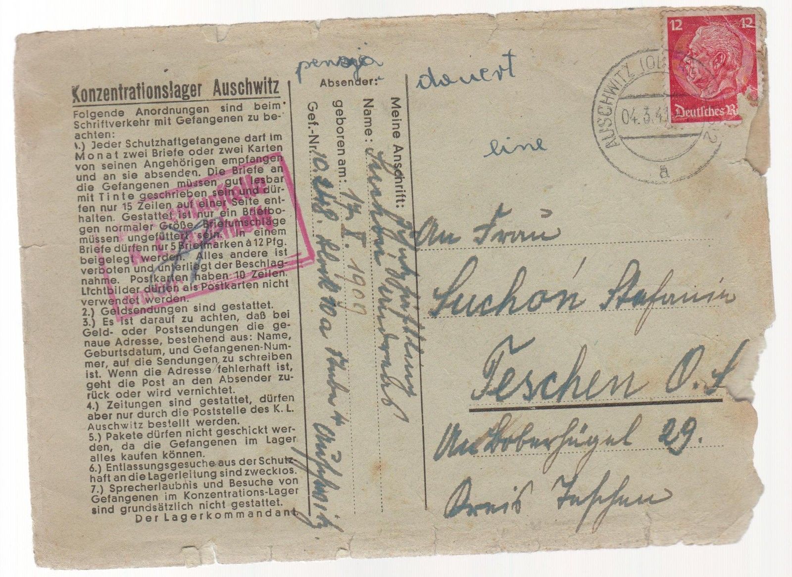 1941 Germany Auschwitz Concentration Camp Cover KZ to Teschen Luschon ...