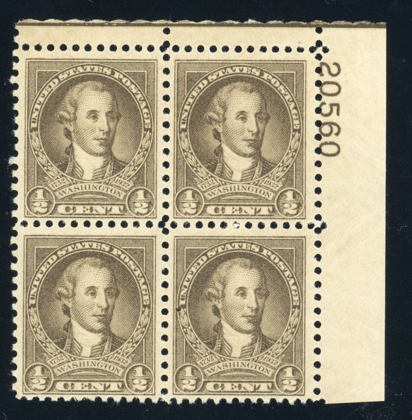 US Stamp #704 Washington Bicentennial 1/2c - Plate Block of 4 - MNH ...