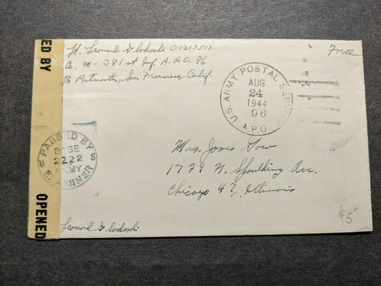 APO 96 SCHOFIELD BARRACKS, OAHU, HI 1944 Censored WWII Army Cover 381st ...