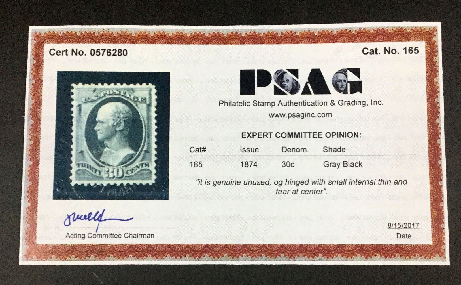 US Stamps #165 Mint OG H **Psag Cert** CAT. $4,000 LOT #83426 | United ...