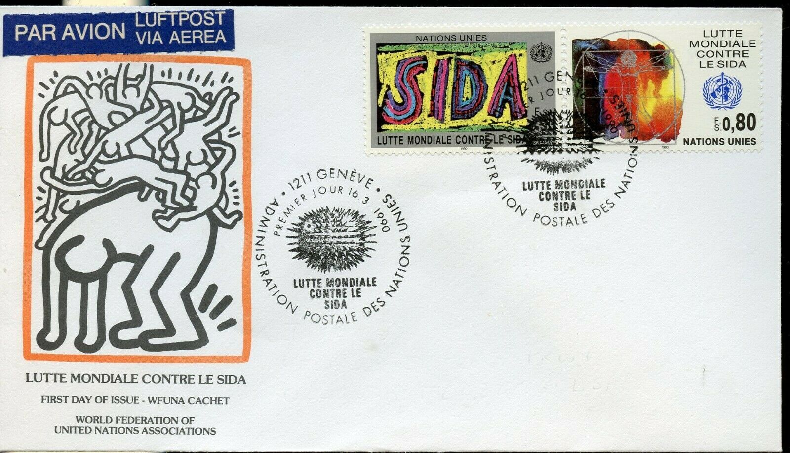 United Nations Wfuna 1990 Aids Geneva SET FDC Cachet Design by Keith ...