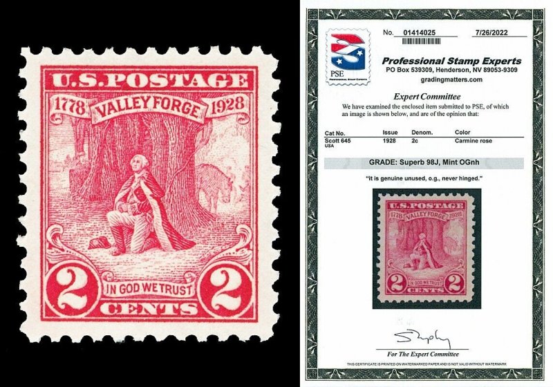 Scott 645 1928 2c Valley Forge Issue Mint Graded Superb 98J NH with PSE ...