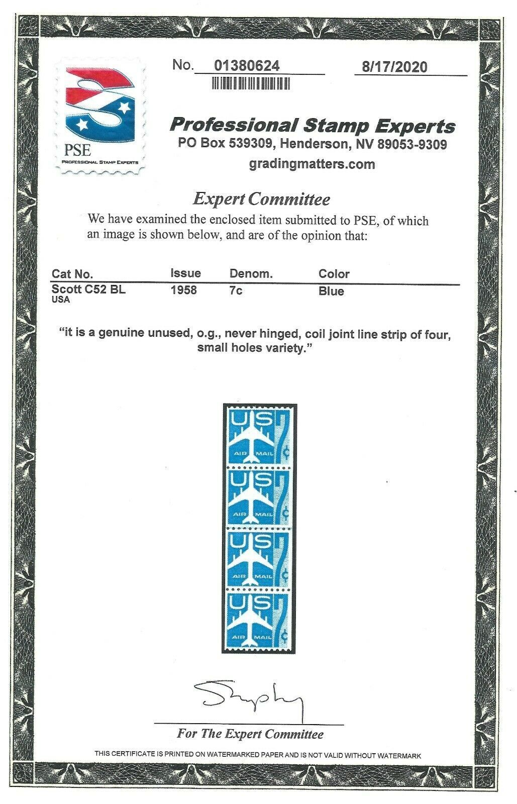 PSE Cert Sm Holes Coil Strip/LPr 7c Airmail Jets #C52** | United States ...