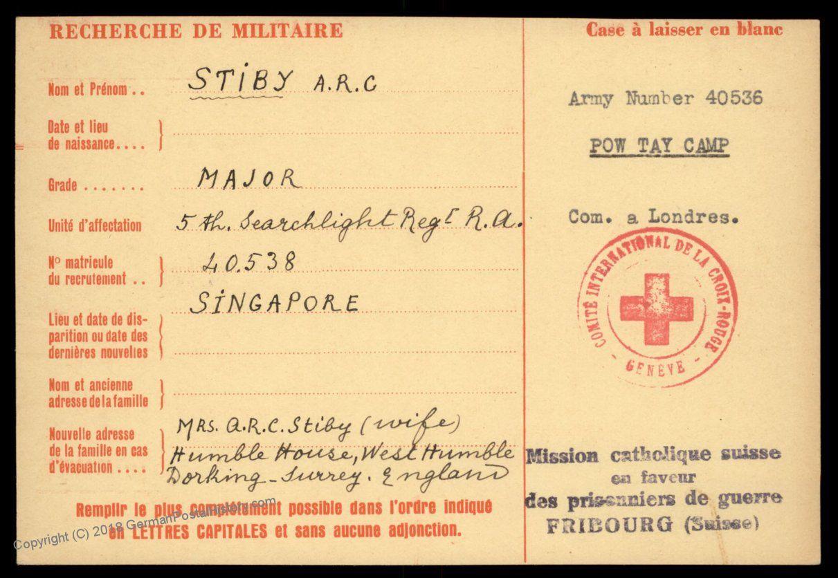 UK 1943 Singapore Japanese POW Camp TAY Red Cross Cover Catholic ...