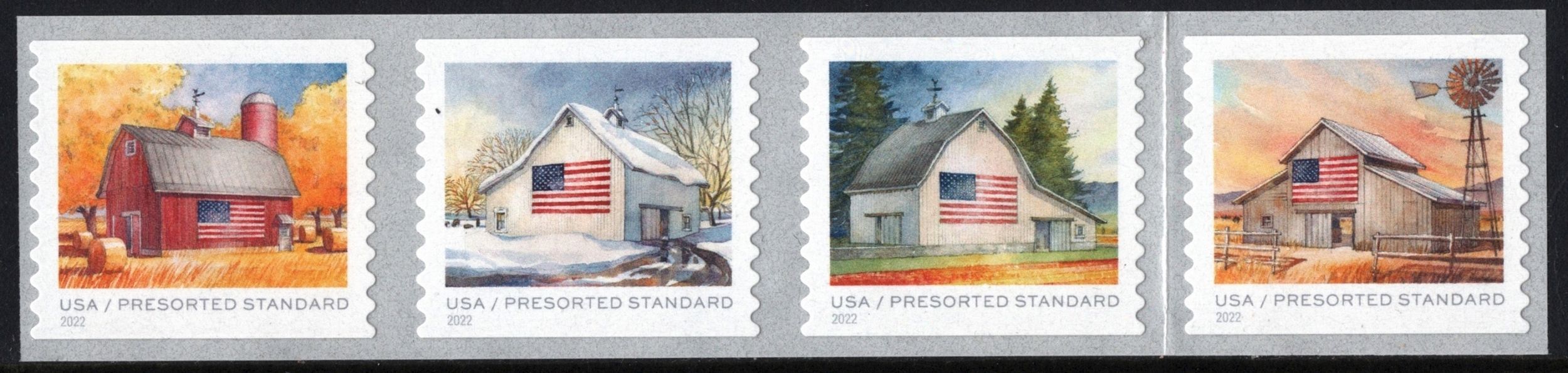 SC#5684-87 (Presorted Standard) Flags on Barns Coil Strip of Four (2022 ...